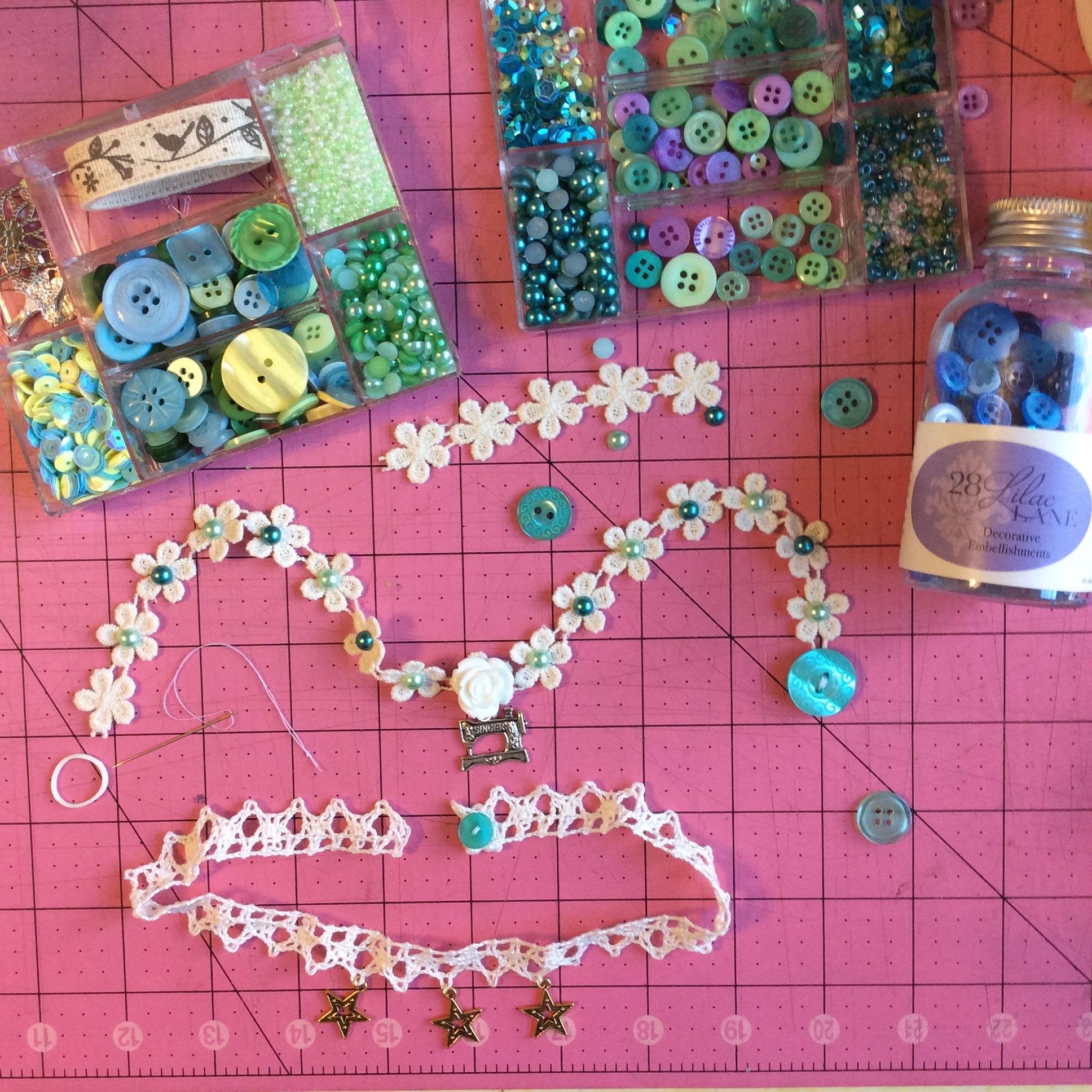 Button and Charm Embellished Lace Trim Necklaces